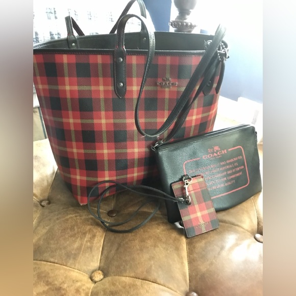 Coach | Bags | Coach Plaid Reversible Tote Pouch And Lanyard | Poshmark